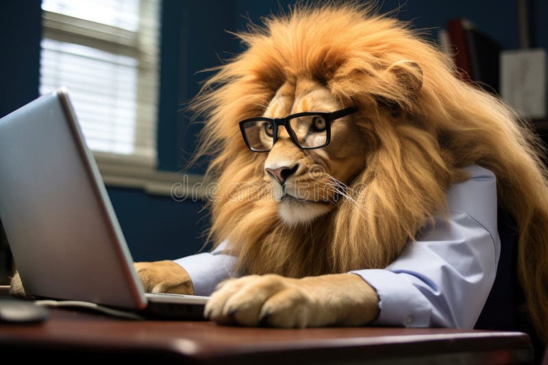 Lion Wearing Glasses, Working on a Laptop in an Office Setting Stock ...