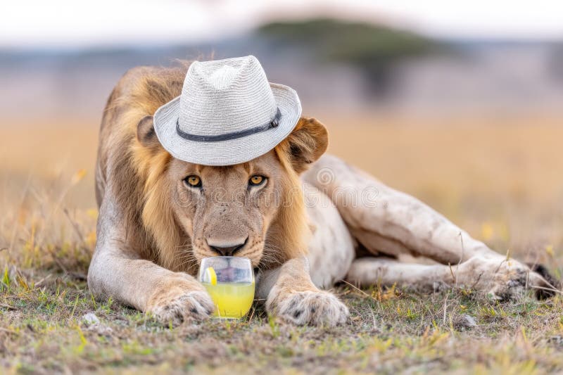 Lion Wearing Hat Drinking Lemonade on African Savanna Stock Image ...