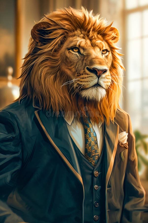 Lion Wearing Suit and Tie Looks at Something. Generative AI Stock Image ...
