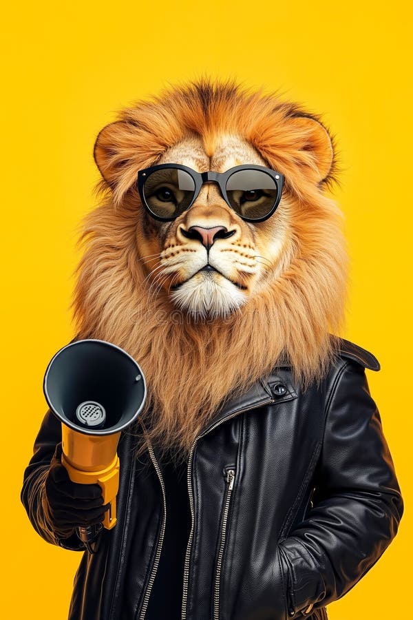 A Lion Wearing Sunglasses and a Leather Jacket Holding a Megaphone ...