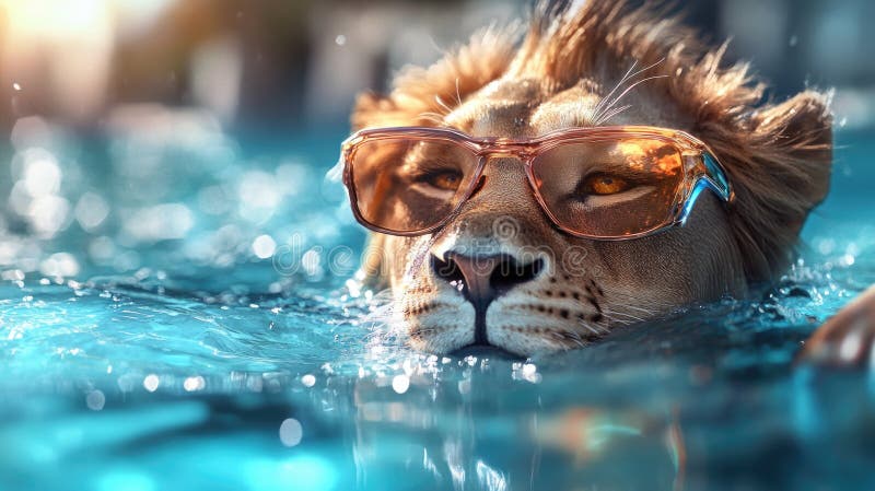 Lion Wearing Sunglasses Relaxing in Pool Water Under Sunlight Stock ...