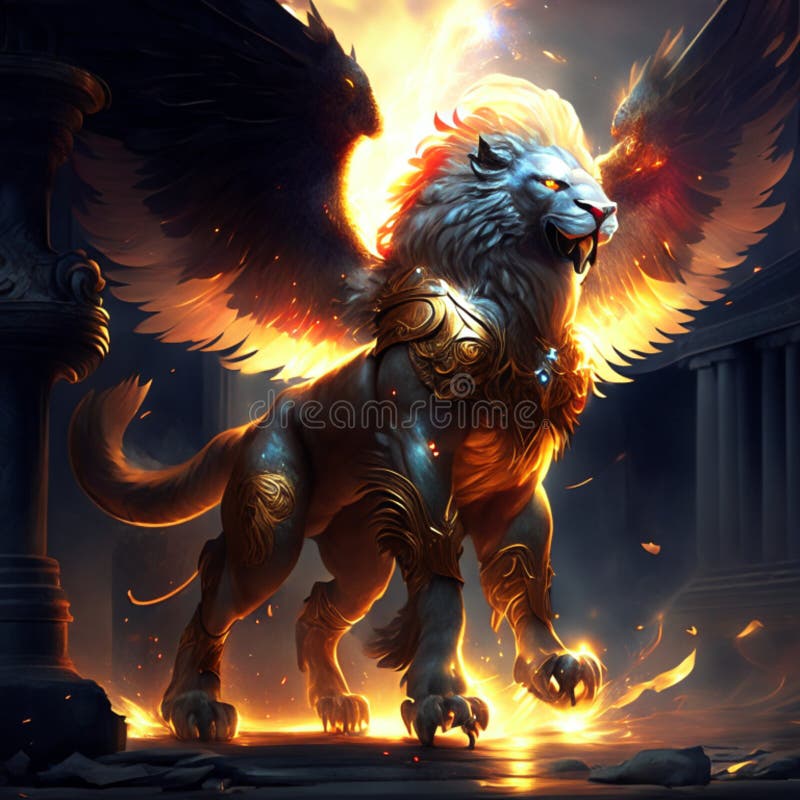 Lion with Wings in Fire. 3D Rendering. Computer Digital Drawing Stock ...