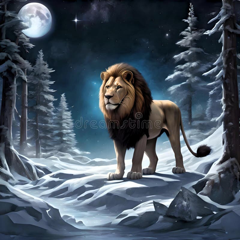 A Lion in a Winter Full Moon Night Stock Illustration - Illustration of ...