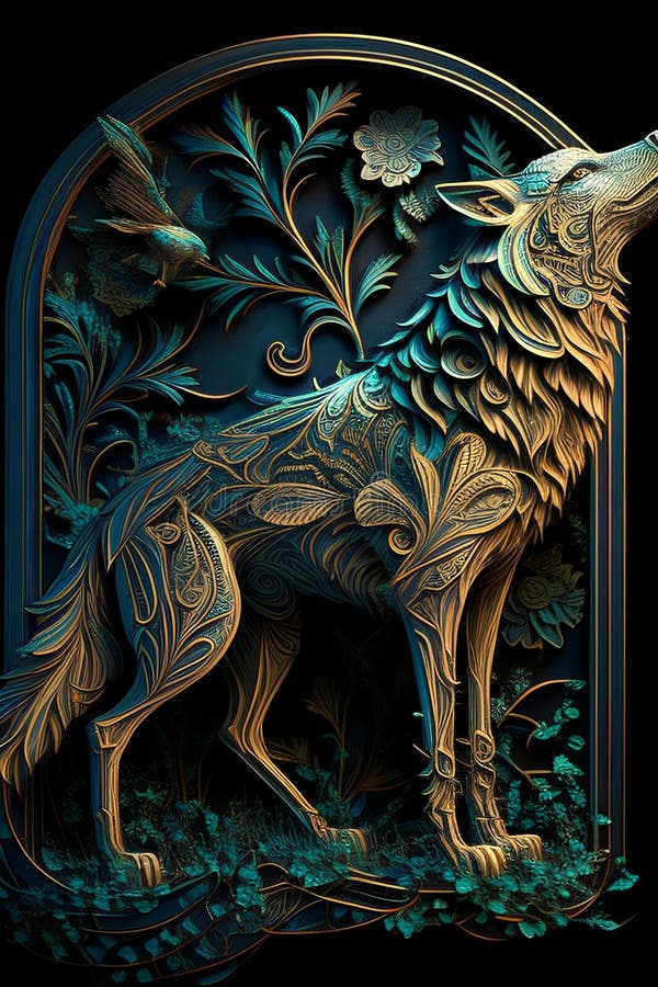 Lion and Wolf in the Ornamental Frame. Computer Generated Graphics ...