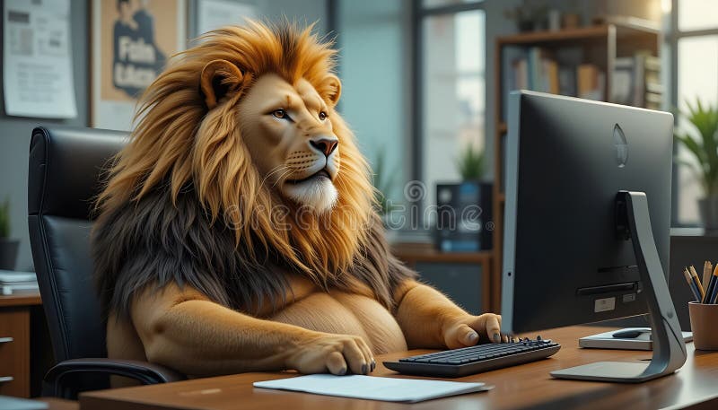 Lion Working at a Desk while Using a Computer in a Modern Office ...