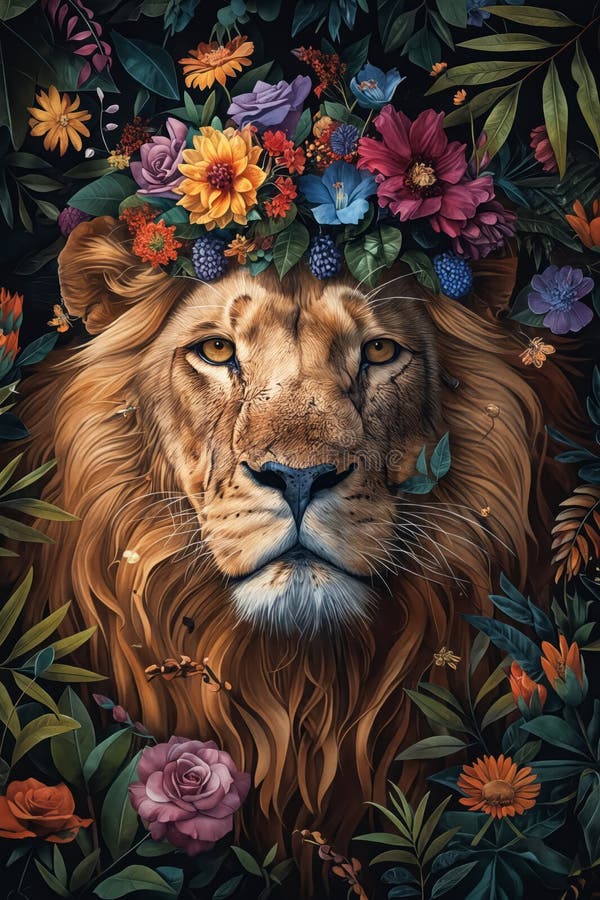 A Lion with a Wreath of Flowers on Its Head. Generative AI Stock Photo ...