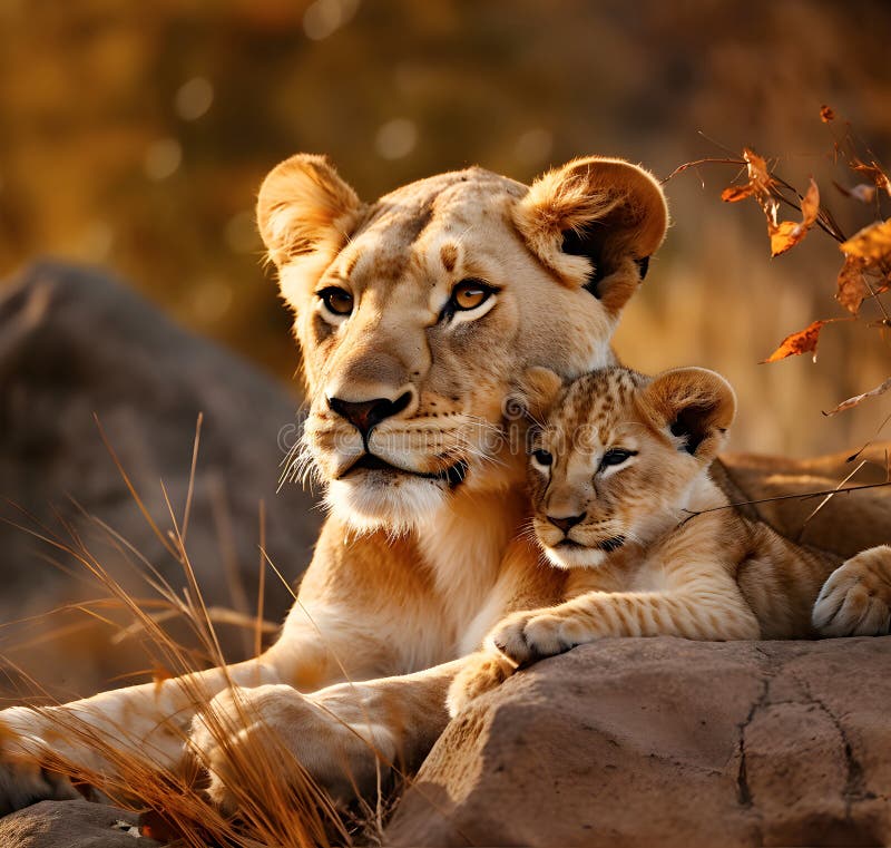 A Lioness Cuddles with Her Young Cub Ai Generated Stock Illustration ...