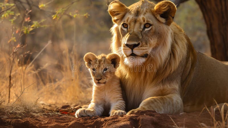 Lioness with a Little Lion Cub. Selective Focus Stock Illustration ...