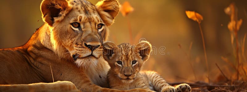 Lioness with a Little Lion Cub. Selective Focus Stock Image - Image of ...