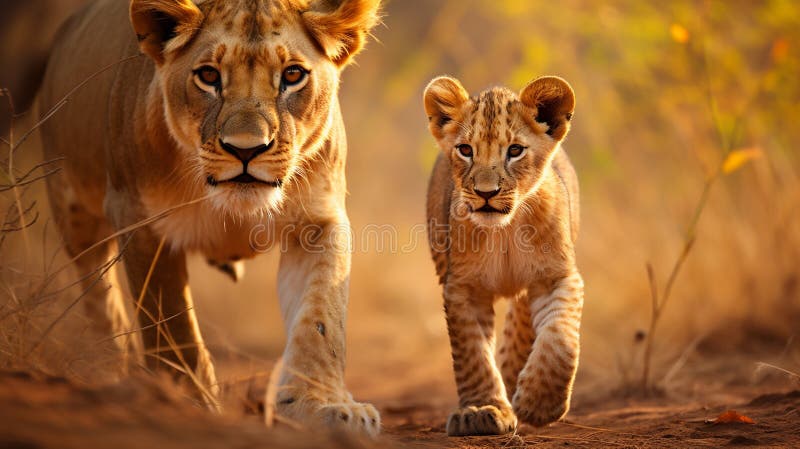 Lioness with a Little Lion Cub. Selective Focus Stock Image - Image of ...