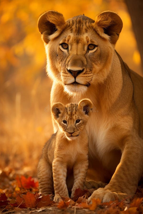 Lioness with a Little Lion Cub. Selective Focus Stock Photo - Image of ...