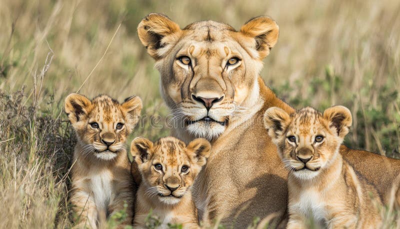 Lioness Mother Posing with Her Three Cubs in the Savanna Stock Image ...