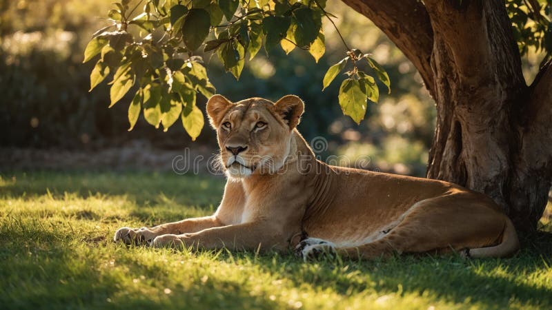 Serene Lioness Resting Under Tree Shade in Golden Sunlight Stock ...
