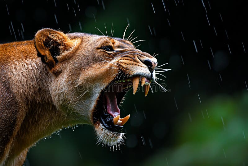 Lioness Roaring Aggressively in Rain, Showcasing Her Sharp Teeth and ...
