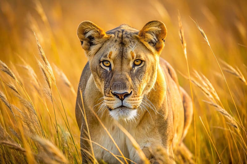 Lioness Stalking In Grass Lion Walking In Long Tall Grass In Kenya