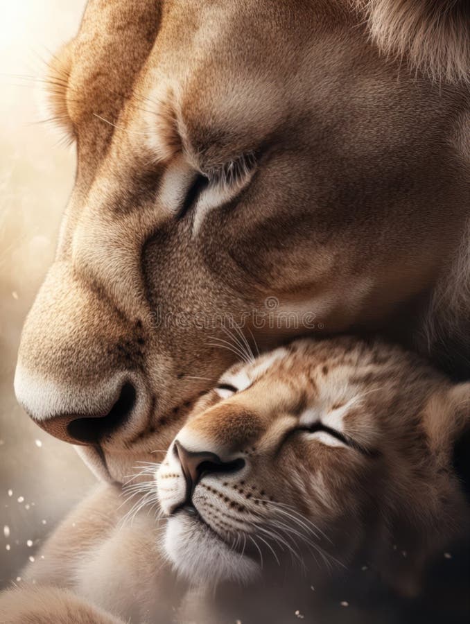 A Lioness Tenderly Nuzzles Her Cub Stock Illustration - Illustration of ...