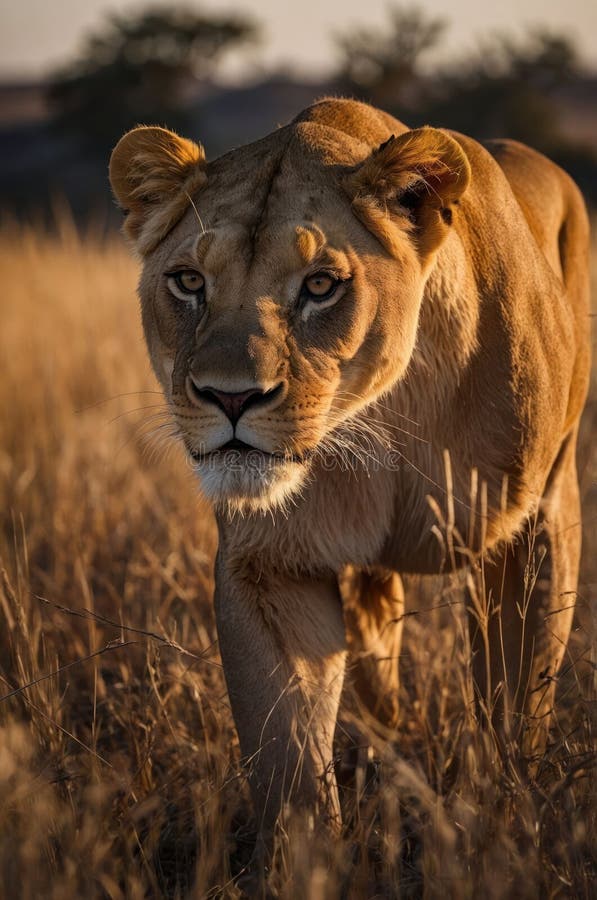Majestic African Lioness Walking through Savanna Grassland at Sunset Stock Illustration ...