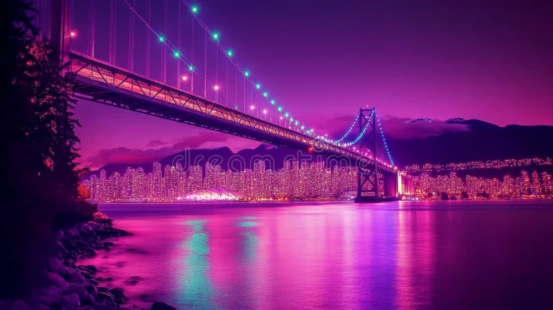 The Lions Gate Bridge at Midnight is Seen in a Close-up with Sharp ...