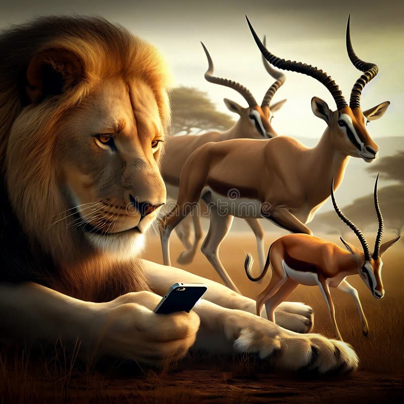 Lions in the Savannah Looking at the Mobile Phone Stock Illustration ...