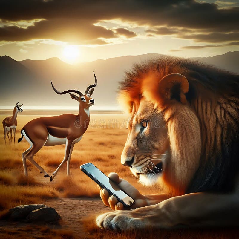 Lions in the Savannah Looking at the Mobile Phone Stock Illustration ...