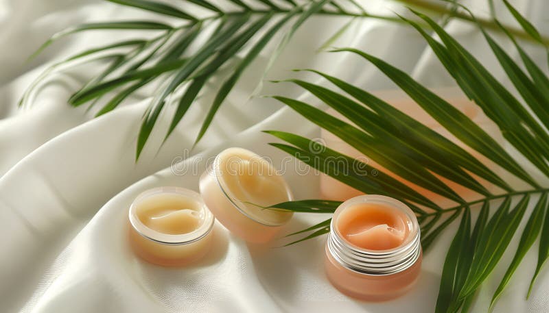 Lip Balms and Palm Leaf on White Fabric, Space for Text Stock ...