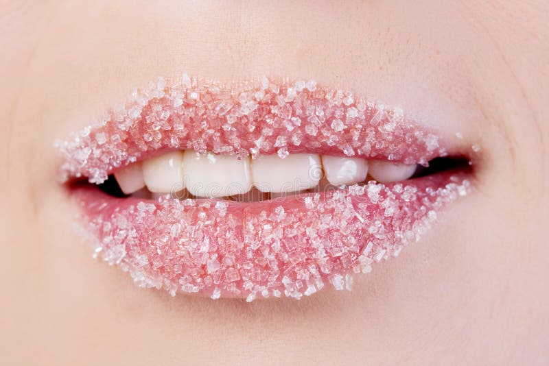 Woman's Red Lips Strewed With Sugar Stock Image - Image of playful ...