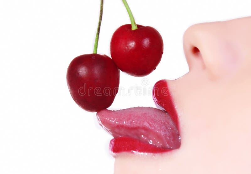 Red lips with cherry stock photo. Image of carefree, inviting - 15385576