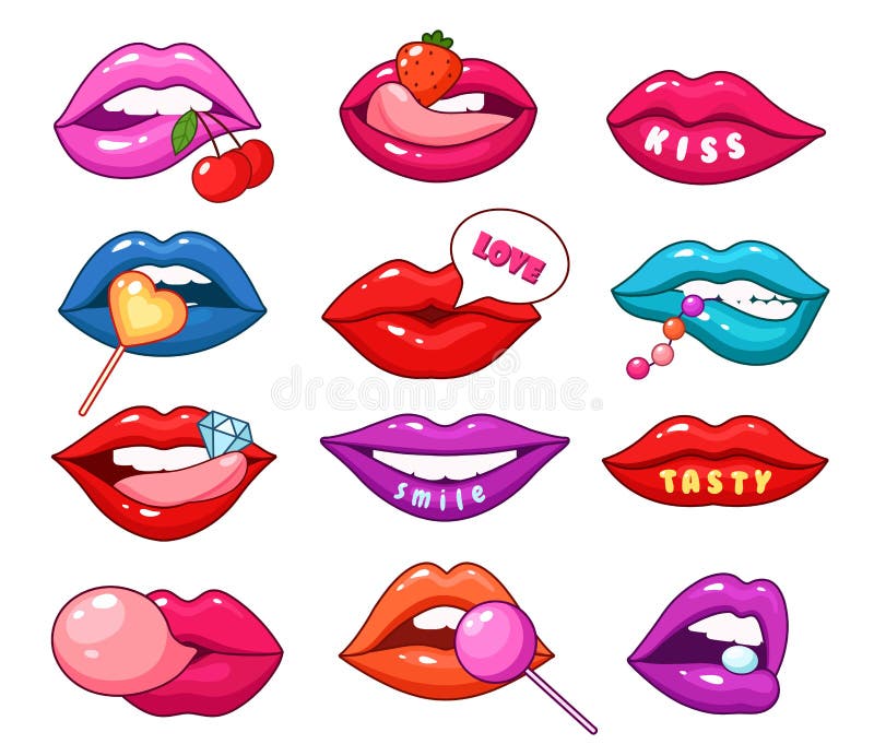 Girl Mouth Lip Gestures Of Different Emotions Vector Set Stock Vector