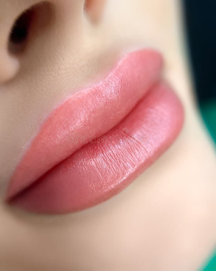 Work after the Procedure of Permanent Make-up of the Lips Close-up of ...