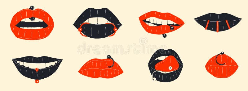 Lips Piercing Vector Set in Cartoon Style. Stock Vector - Illustration ...