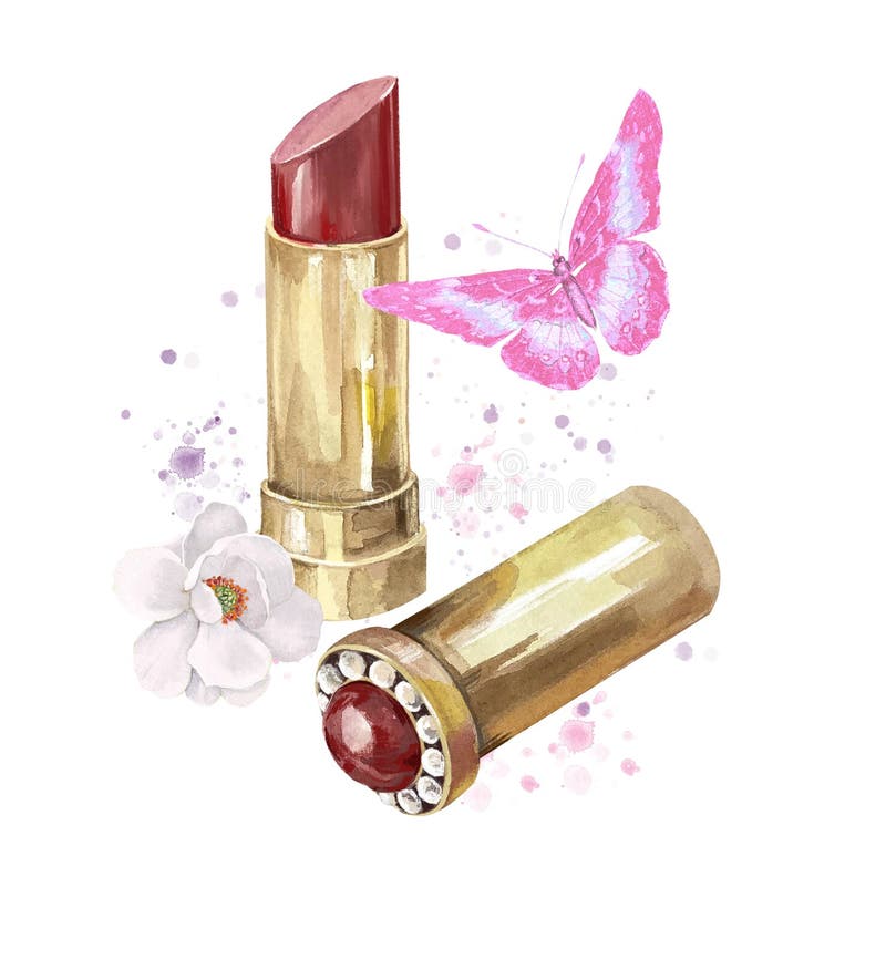 Watercolor Illustration of Lipstick in an Antique Gold Case Butterfly ...