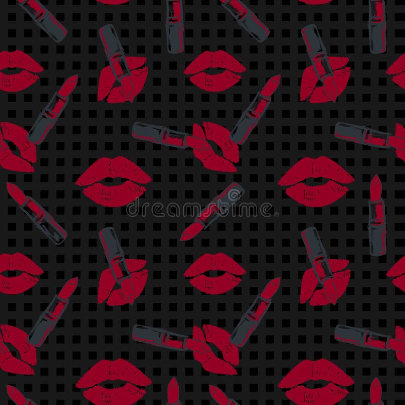 Lipstick and Kiss Pattern on Black Check Background Stock Vector ...