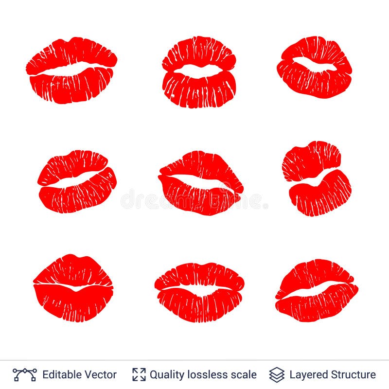 Set of Red Lips Prints Isolated on White. Stock Vector - Illustration ...