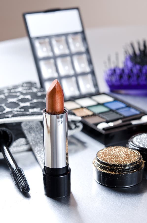 Lipstick and makeup kit. stock image. Image of mirror - 28235587