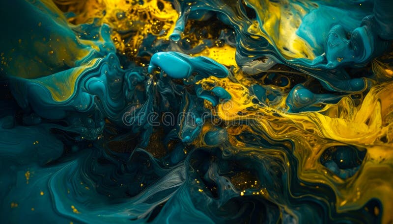 Liquid Blue and Yellow Paints in Slow Blending Flow. AI Generated Stock ...