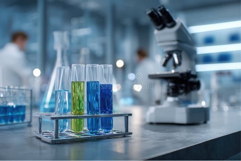 Liquid Chemicals in Test Tubes Displayed on a Bench with Microscope in ...