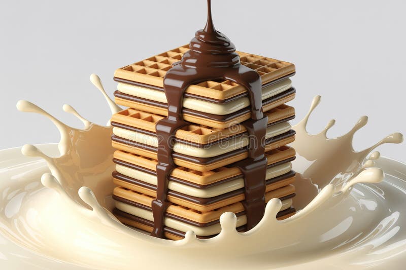 Liquid Chocolate Flows Down Onto a Stack of Waffles Resting Inside ...