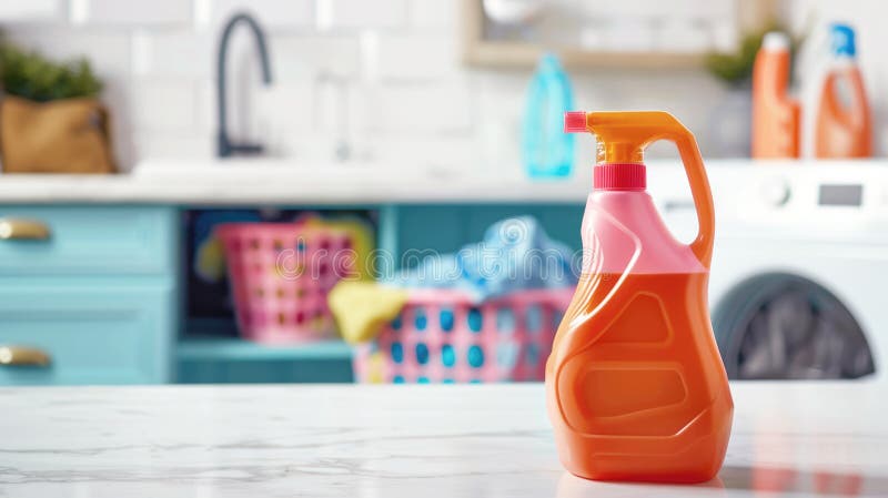 Liquid Detergent Bottle on a White Counter Top, Laundry Basket and ...