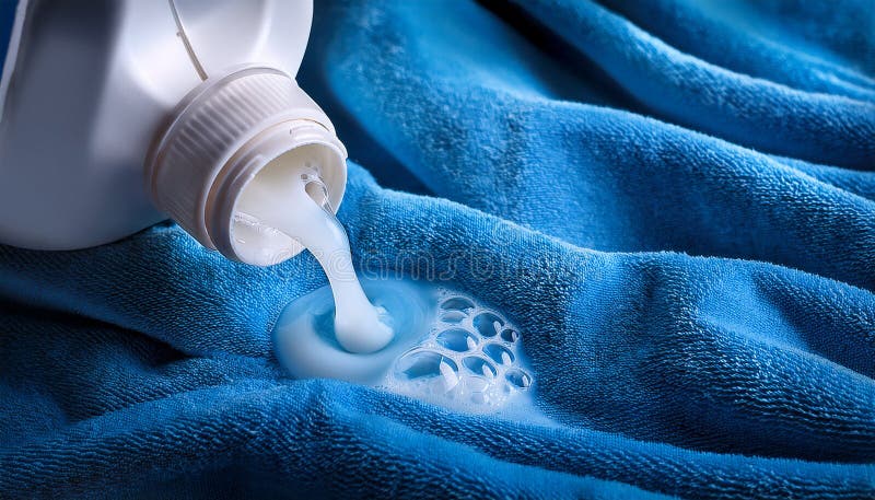 Liquid Detergent Spills on a Blue Towel in a Laundry Setting during the ...