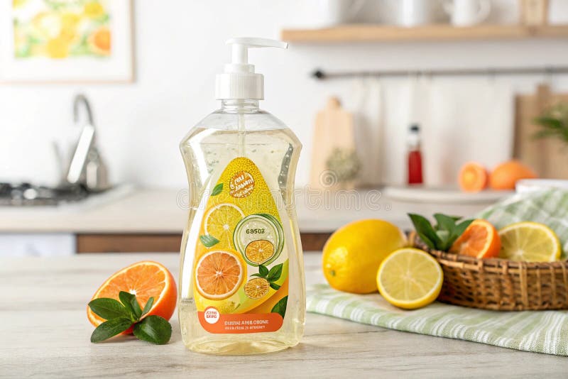 Liquid Dishwashing Soap Bottle with Bright Citrus Label Stock ...