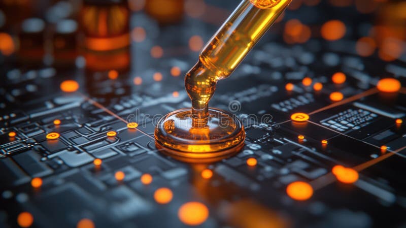 Liquid Drop Impacting Circuit Board with Glowing Orange Lights Stock ...