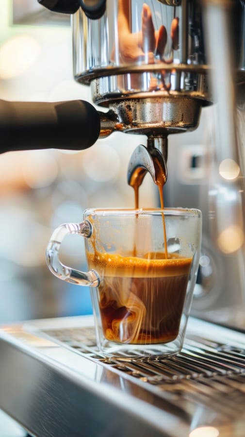 Liquid Espresso Being Dispensed from Machine into Glass Cup Stock Image ...