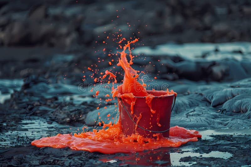 Liquid Fire Explosion: Bright Lava Surging from a Red Bucket in a ...
