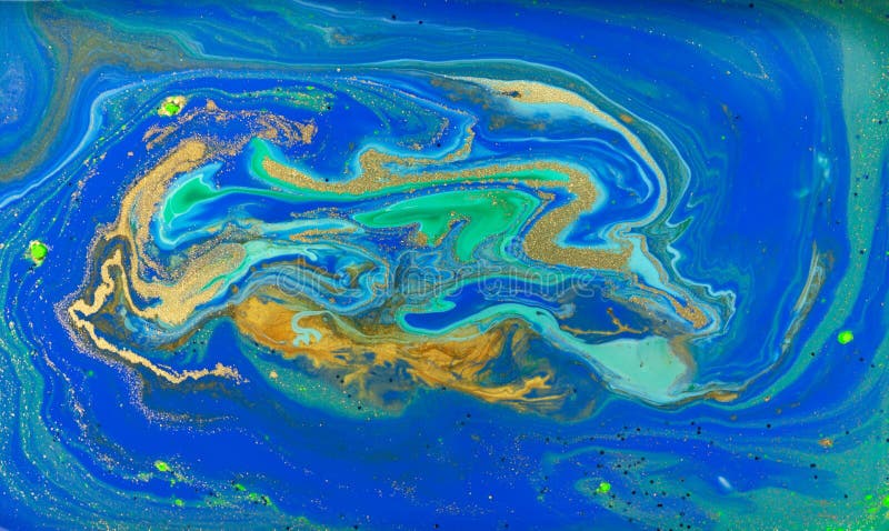 Liquid Flow of Gold and Blue Acrylic Pattern Stock Image - Image of ...