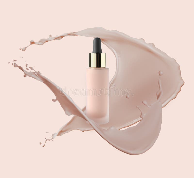 Liquid Foundation in Bottle and Splashes of Makeup Product on Beige ...