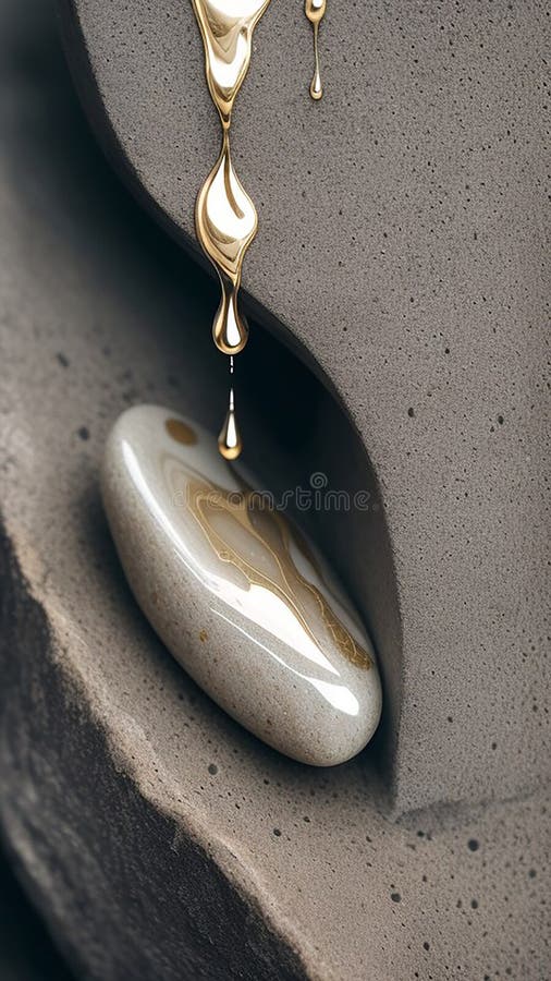 Liquid Gold Flows Down Onto a Beautiful White Stone. Drops of Molten ...