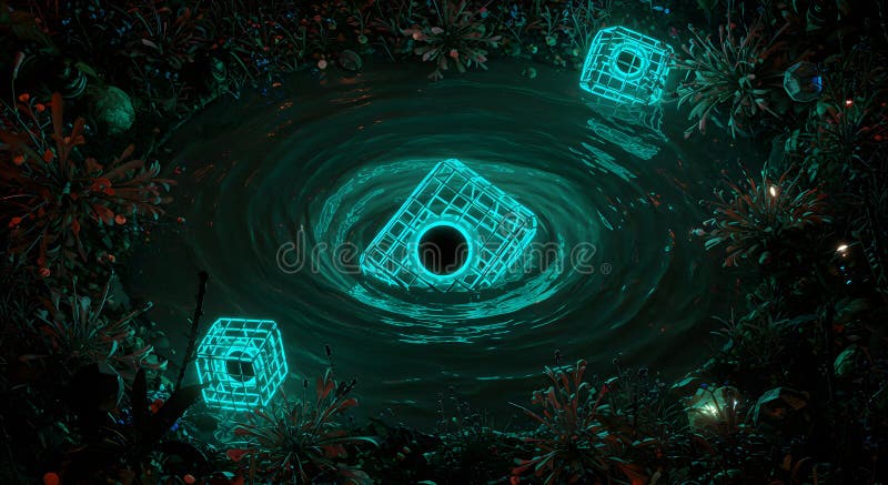 Liquid Green Nebula Swirling Around Cyan Geometric Prisons and ...