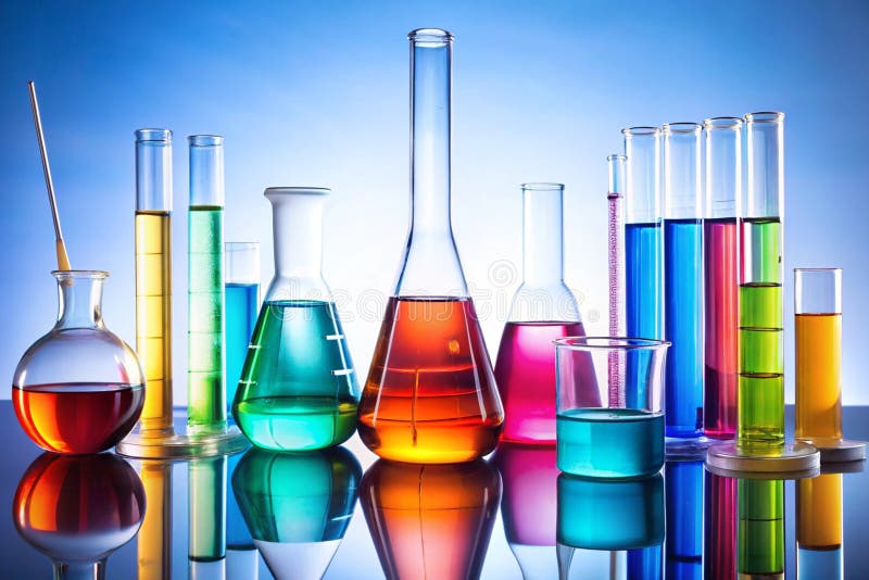 Liquid in Laboratory Glassware. Different Colored Liquids in Assorted ...