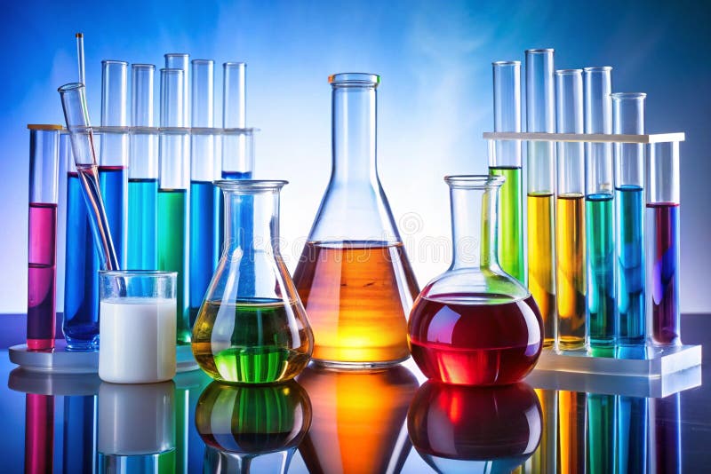 Liquid in Laboratory Glassware. Different Colored Liquids in Assorted ...