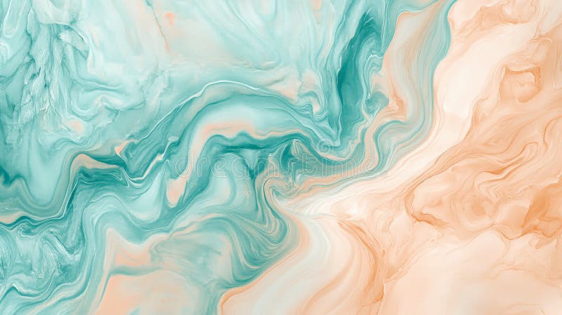 Liquid Marble Texture in Soft Turquoise and Light Peach, with Flowing ...